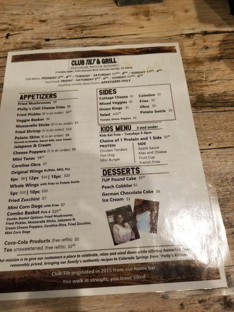 Menu at Club Tilt & Grill Featuring Patty's Soul Food Kitchen, Colorado ...