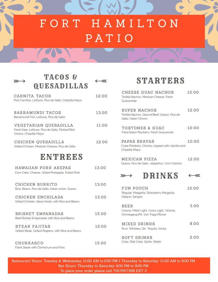 Menu at Fort Hamilton Community Club, New York City, 207 Sterling Dr