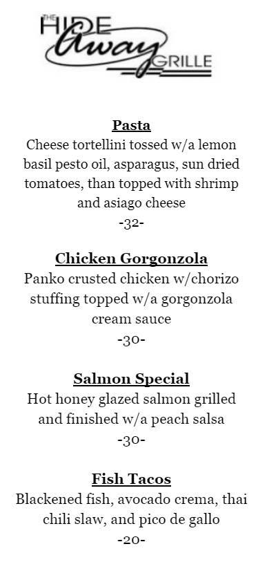 Menu at Hideaway Grille restaurant, North Tonawanda