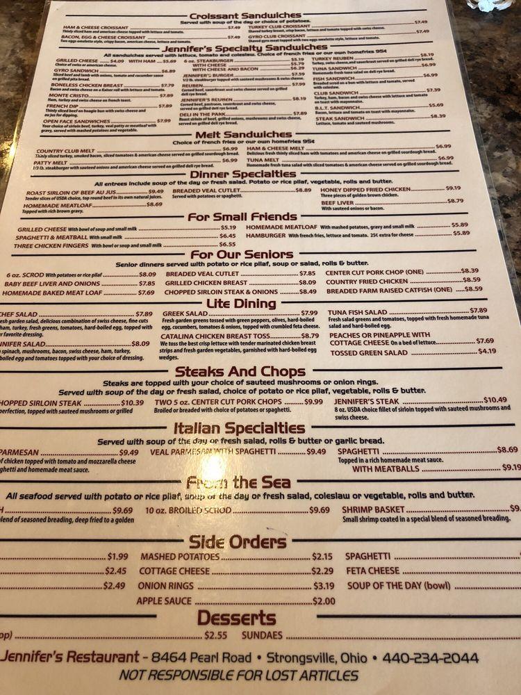 Menu at Jennifer's restaurant, Strongsville