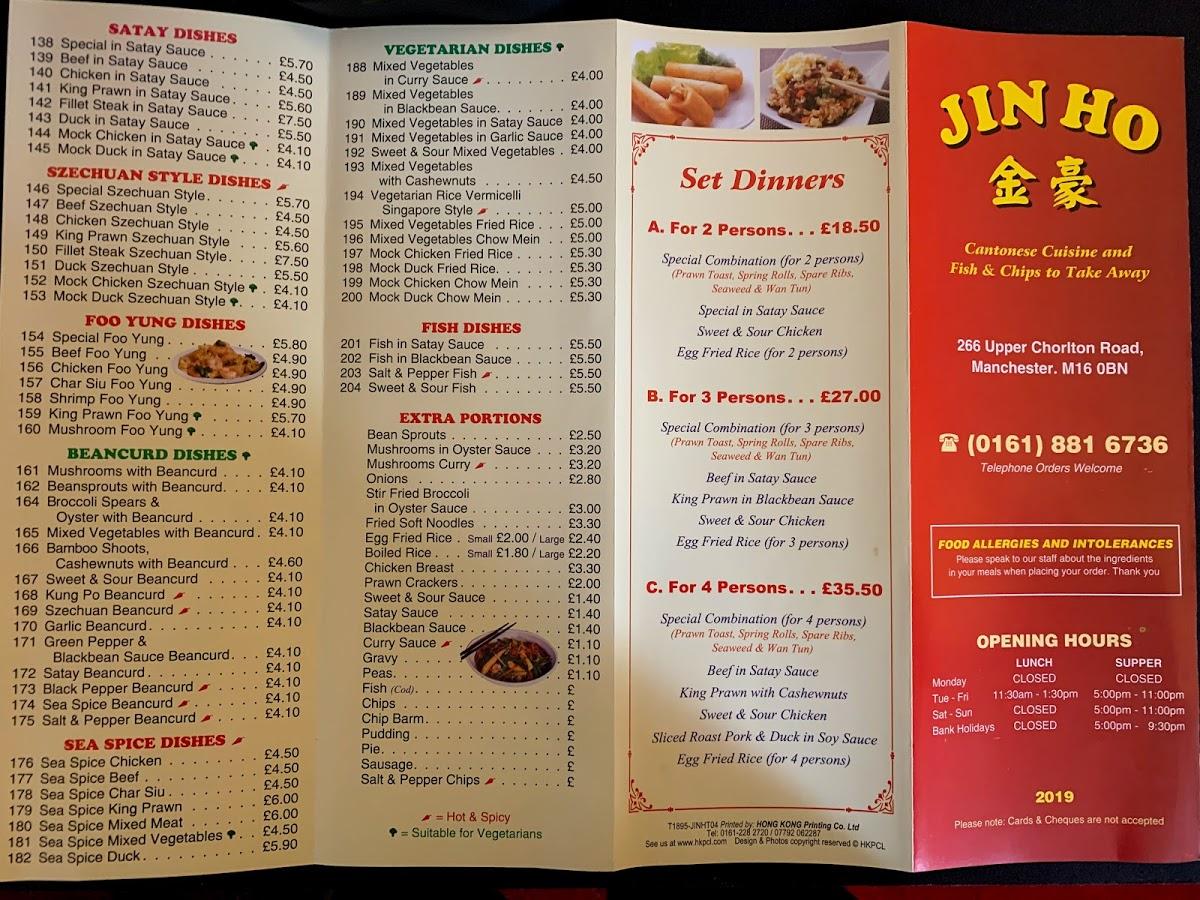 Menu at Jin Ho fast food, Manchester