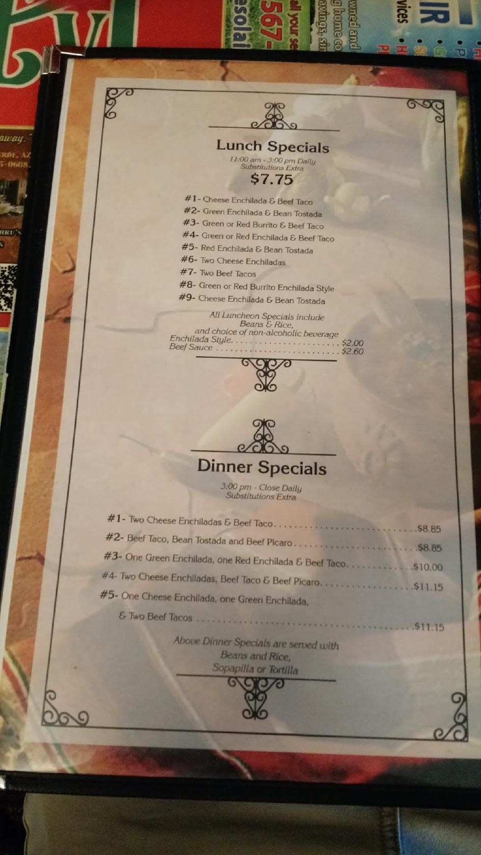 Menu at La Fonda Mexican Restaurant, Camp Verde