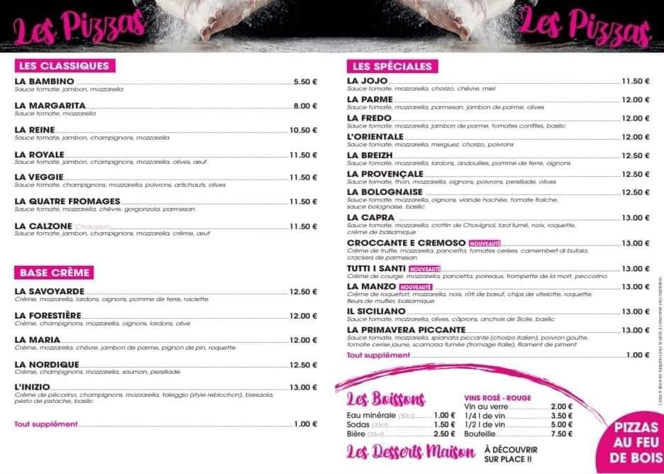 Menu au La main à la pâte pizzeria, Trégunc