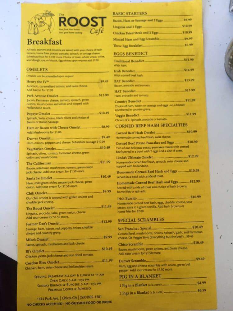 Menu at The Roost Cafe, Chico