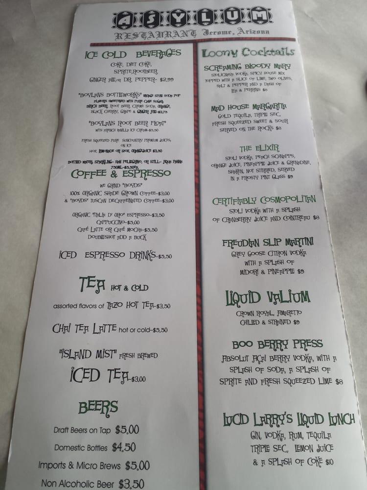 Menu at Asylum Restaurant, Jerome