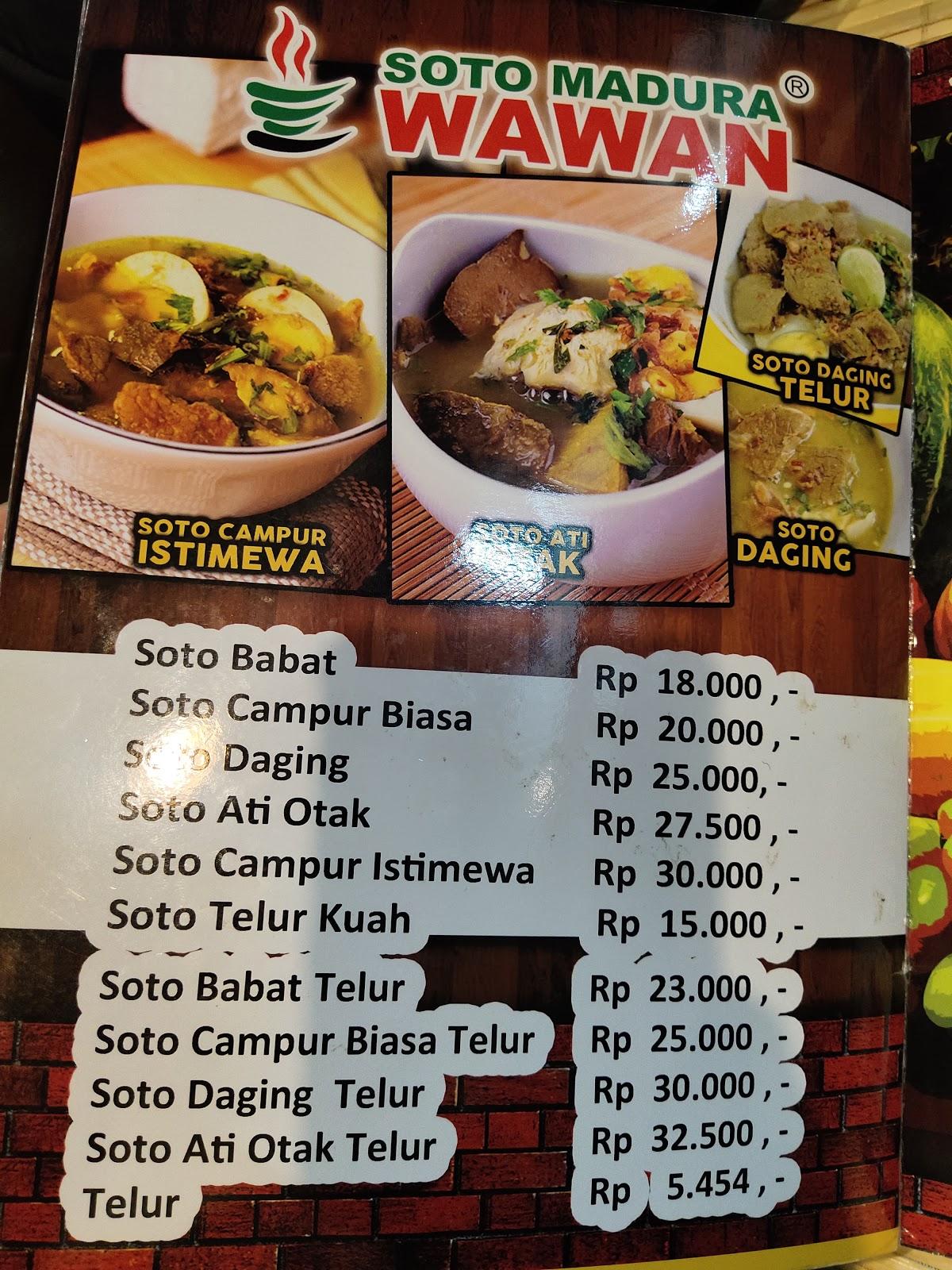 Menu at Bebek Goreng Harissa & Soto Madura Wawan restaurant, Banjarmasin