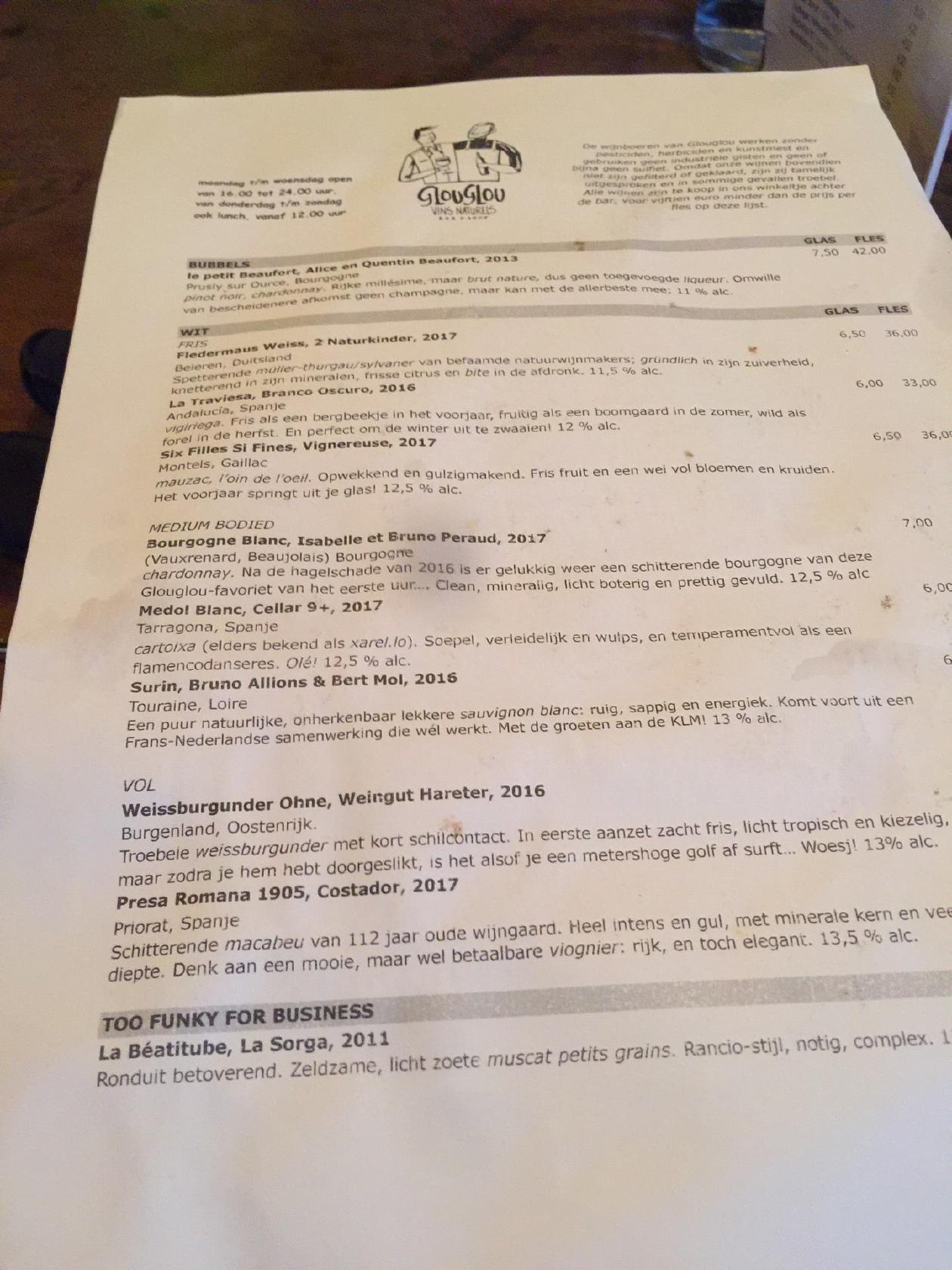 Menu at Glouglou, Amsterdam