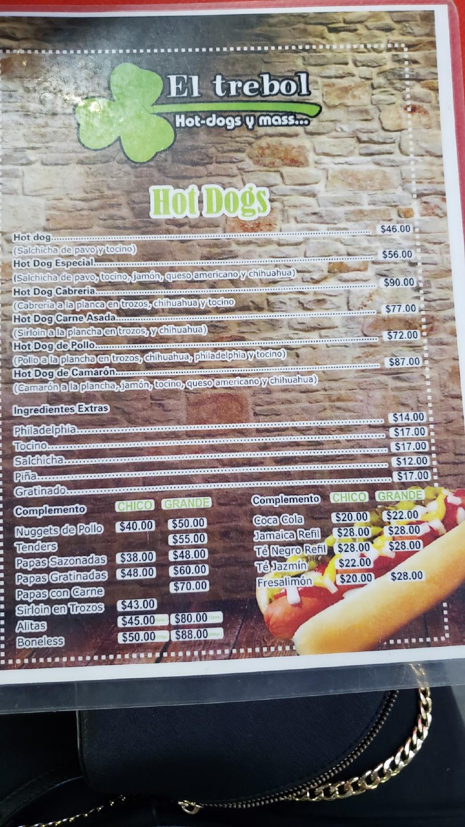 Menu at Hotdogs El Trebol restaurant, Culiacán