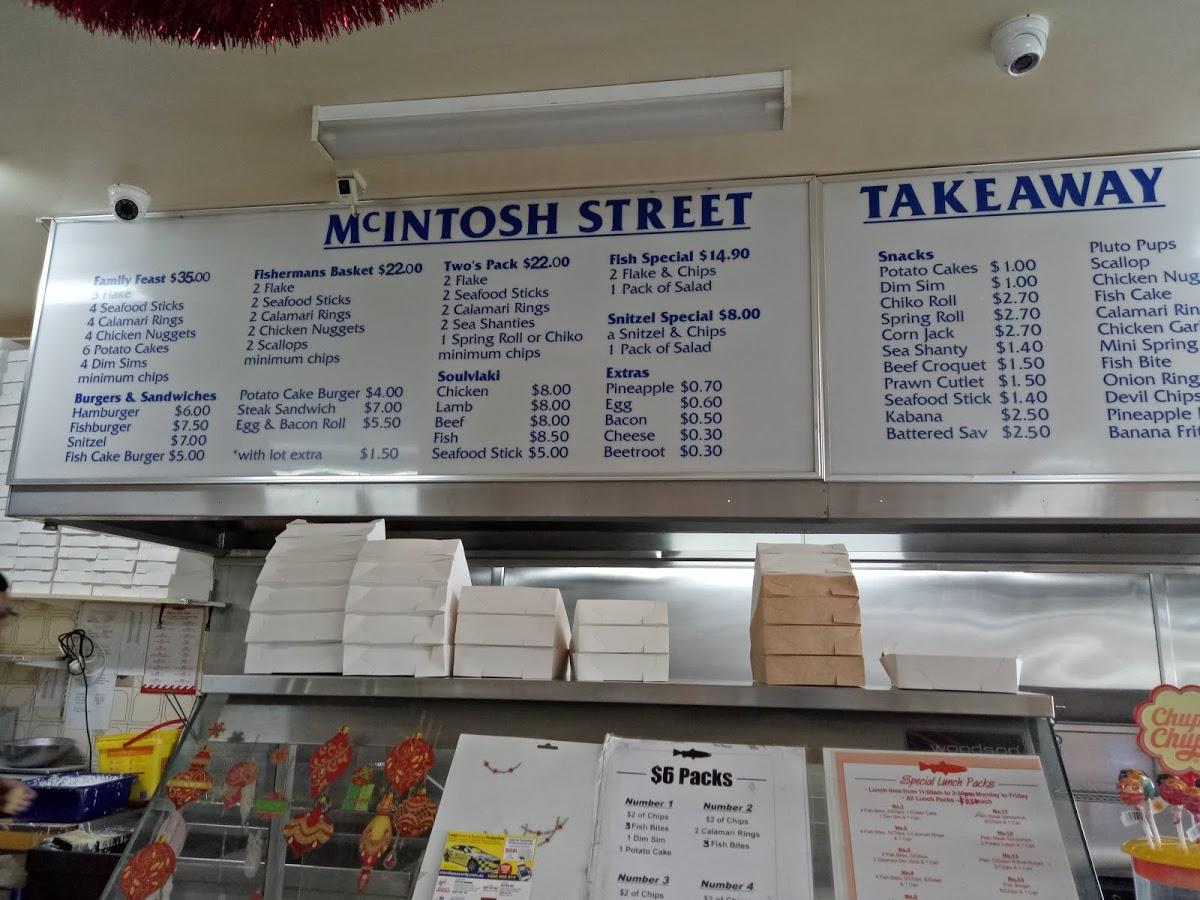 Menu at Macintosh Take Away fast food, Shepparton