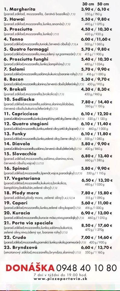 Menu at Pizza Porta Via restaurant, Říčany