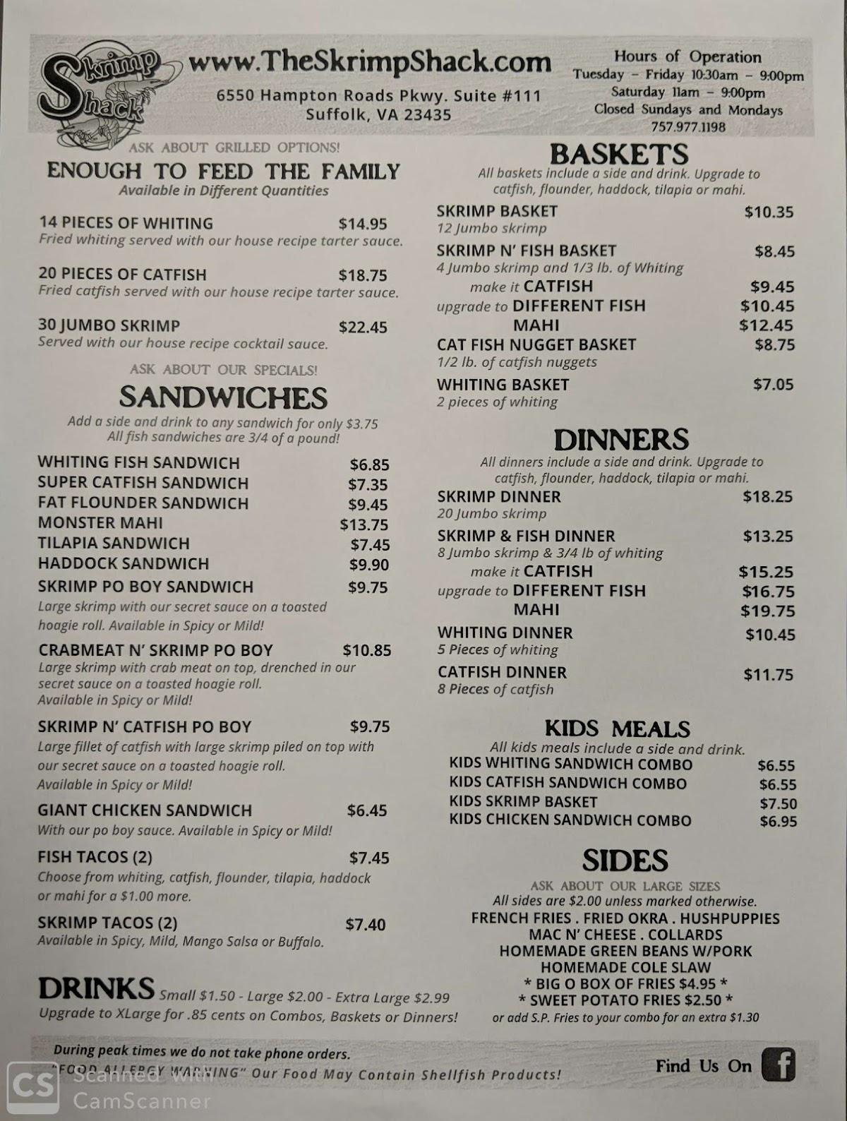 Menu at Skrimp Shack restaurant, Suffolk, Hampton Roads Pkwy St 111