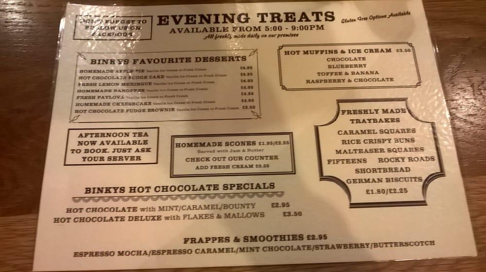 Menu at Binkys cafe, Belfast
