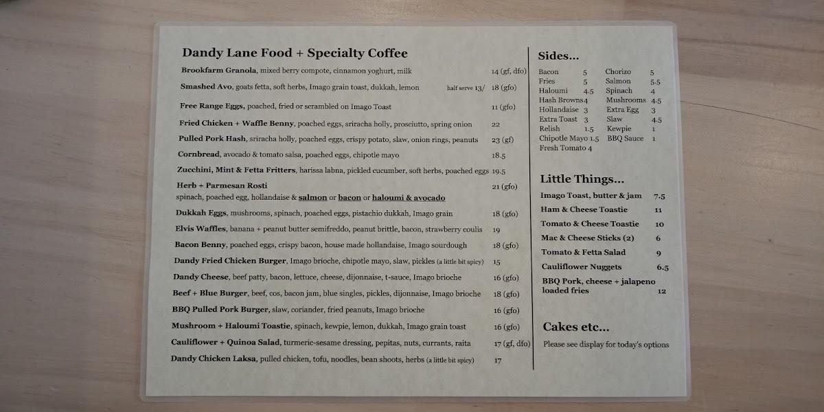 Menu at Dandy Lane Cafe, Hobart