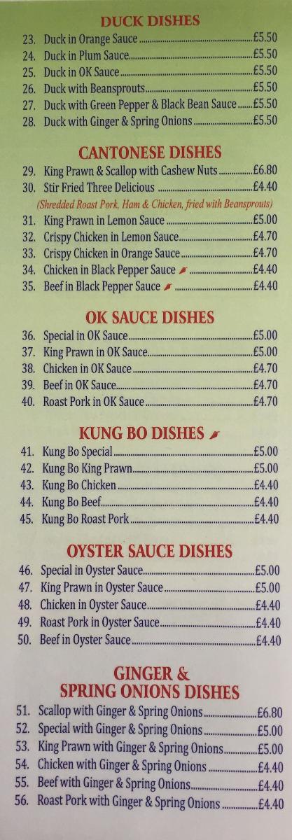 Menu at Heng Ju fast food, Rawtenstall