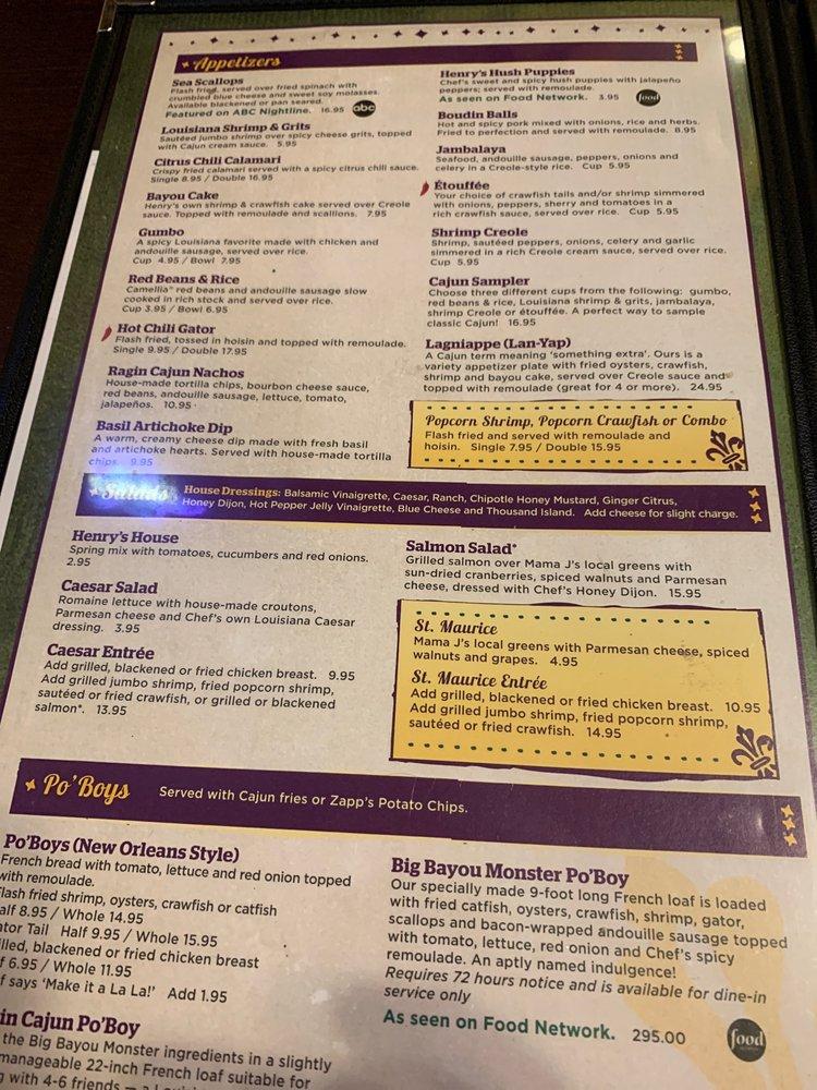 Menu at Henry's Louisiana Grill restaurant, Acworth