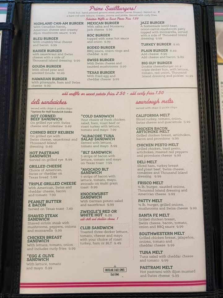 Menu at Highland Park Diner restaurant, Rochester