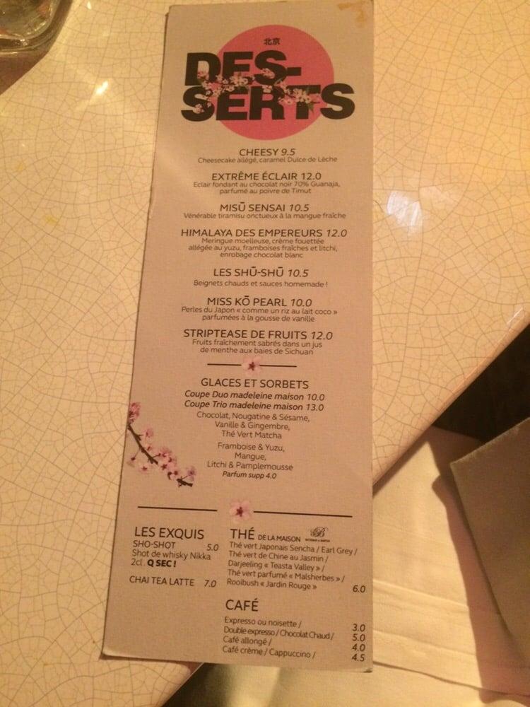 Menu at Miss Kô restaurant, Paris
