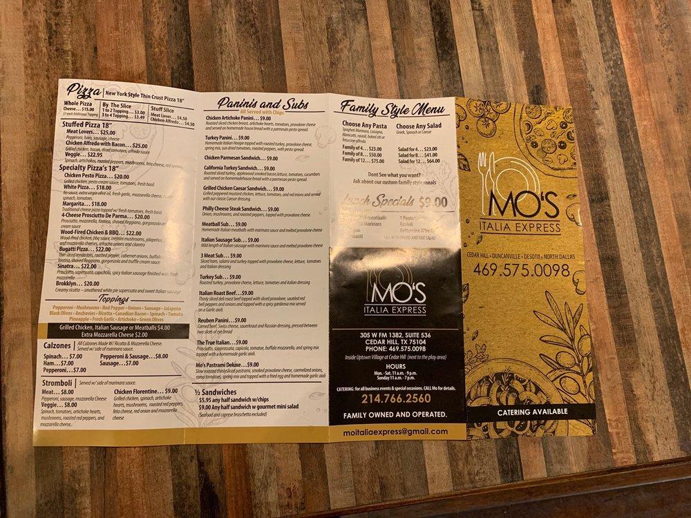 Menu at Mo's Italia Express restaurant, Cedar Hill
