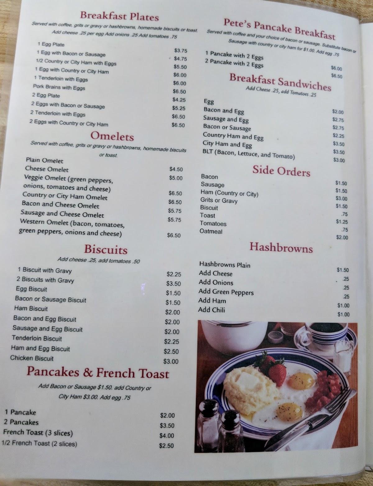 Menu at Pete's Grill restaurant, Gibsonville