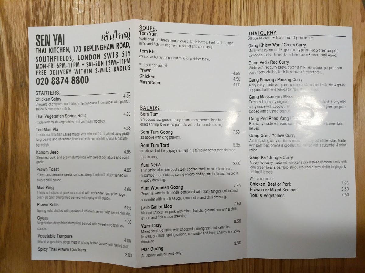 Menu at Sen Yai restaurant, London