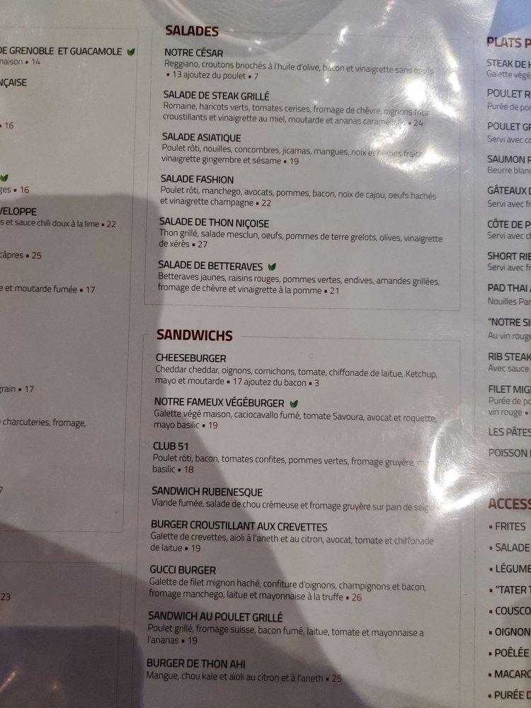 Menu au Table 51 Laval pub et bar, Laval, Boul. le Carrefour