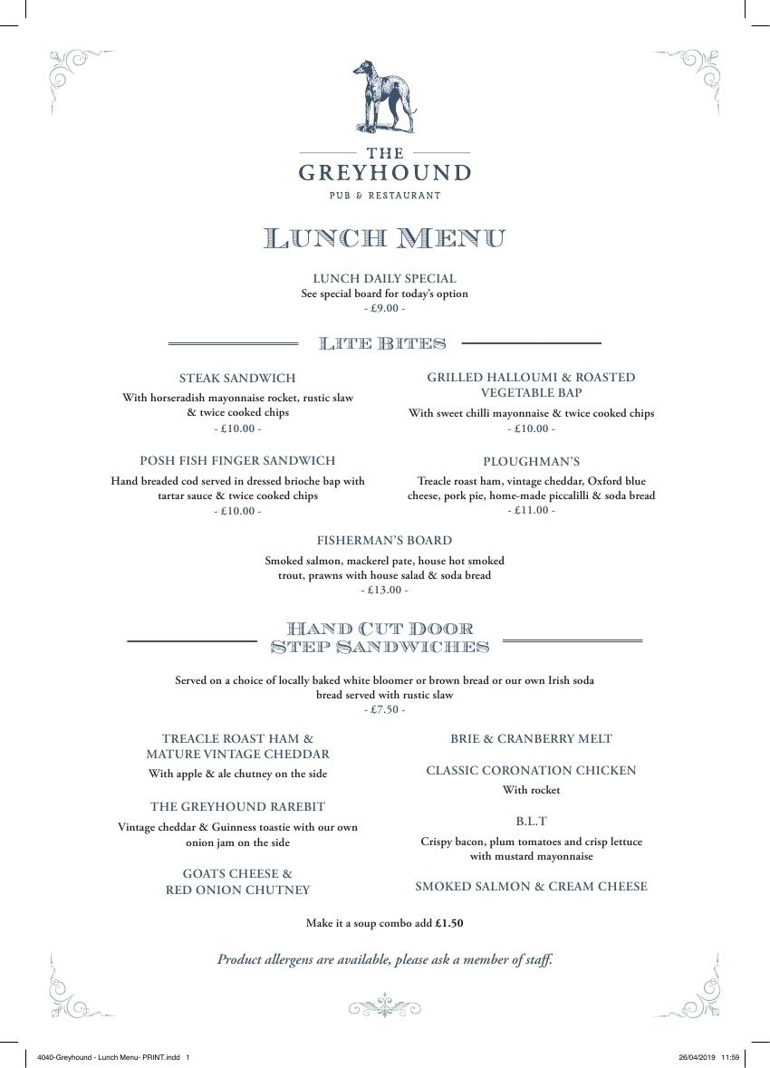 Menu at The Greyhound Traditional Pub & Restaurant, Cambridge