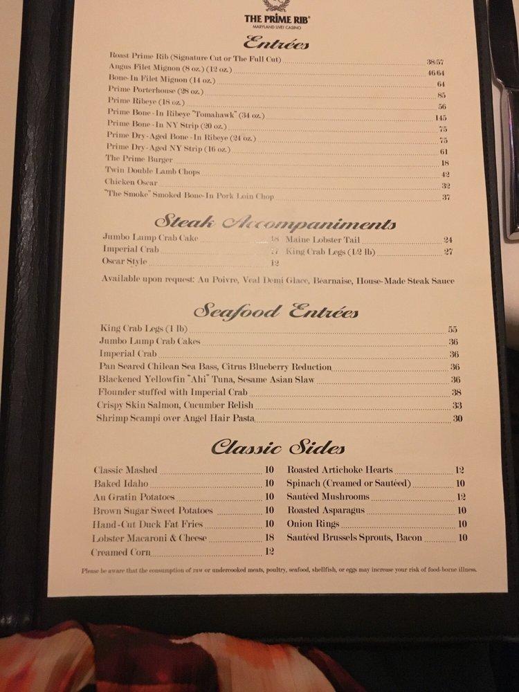 Menu at The Prime Rib at Live! Casino & Hotel steakhouse, Hanover ...