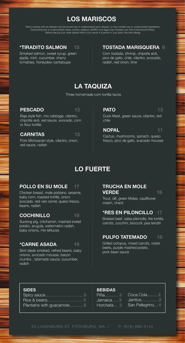 Menu at ZAPATA MEXICAN COCINA restaurant, Fitchburg