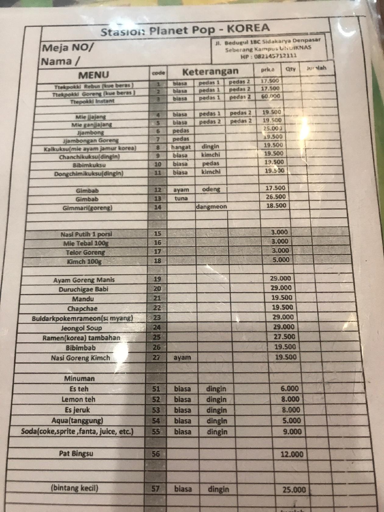 Menu at Station Planet Pop Korea restaurant, Denpasar