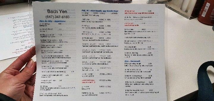 Menu at Bach Yen Vietnamese Cuisine restaurant, Toronto