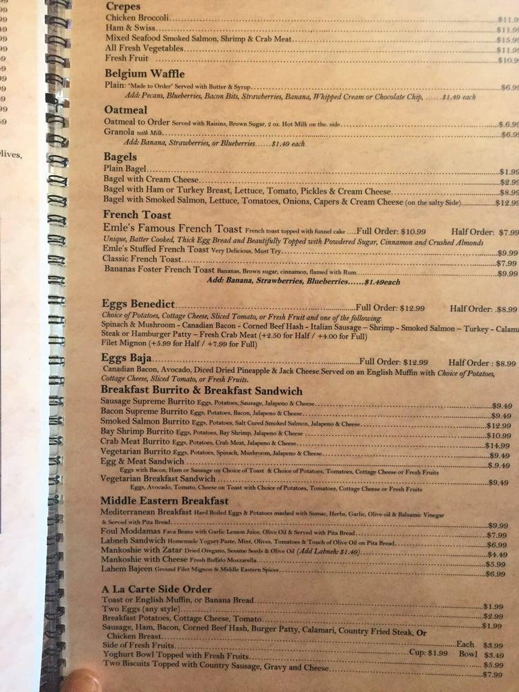 Menu at Emle's Restaurant, Los Angeles