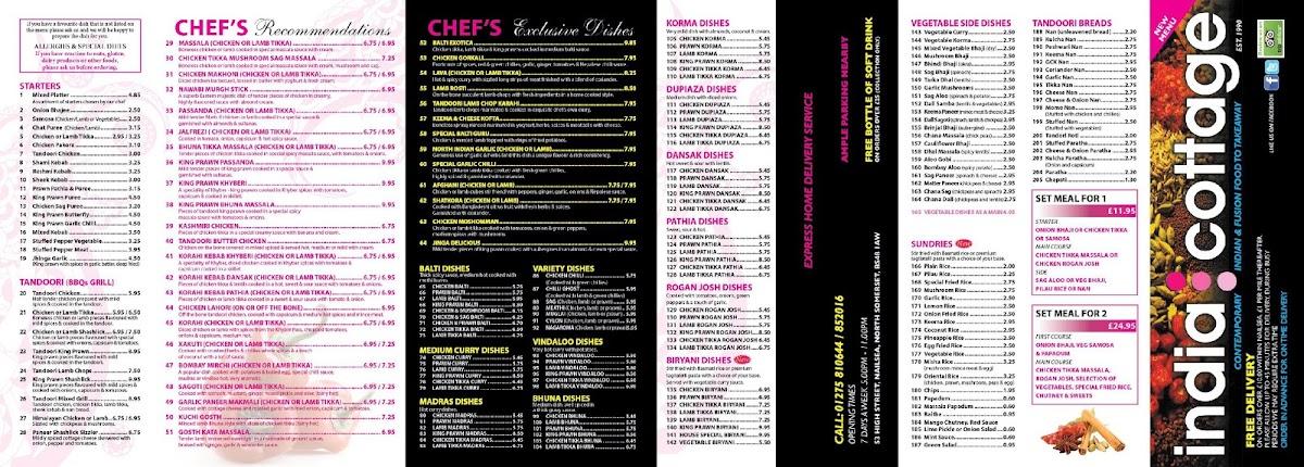 Menu at India Cottage restaurant, Nailsea