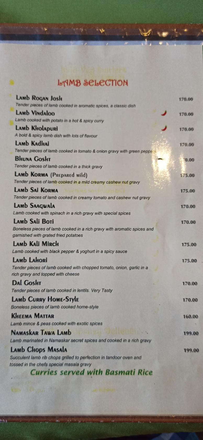 Menu au Namaskar Restaurant, Pretoria