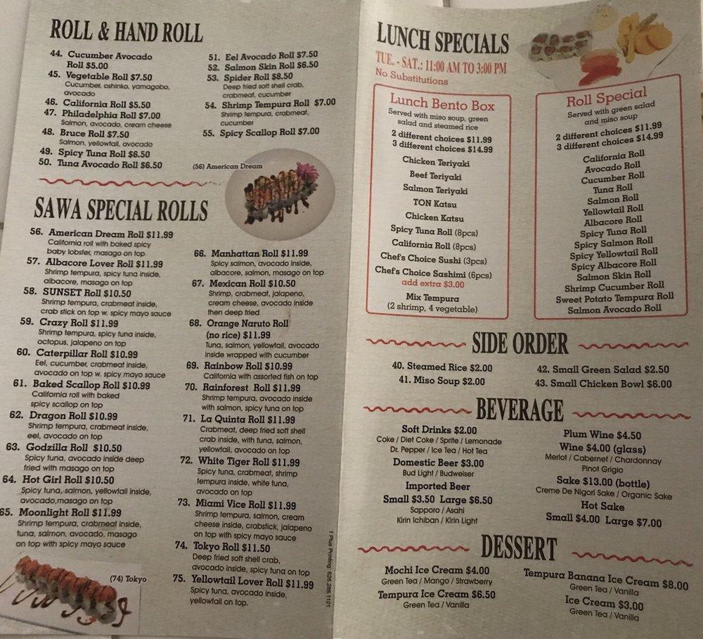 Menu at Sawa Sushi restaurant, La Quinta
