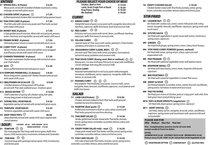 Menu at Thai Lagoon Restaurant, Paraparaumu