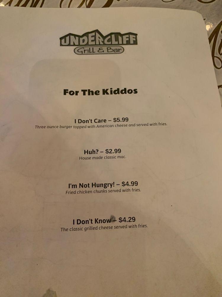 Menu at Undercliff Grill & Bar, Joplin