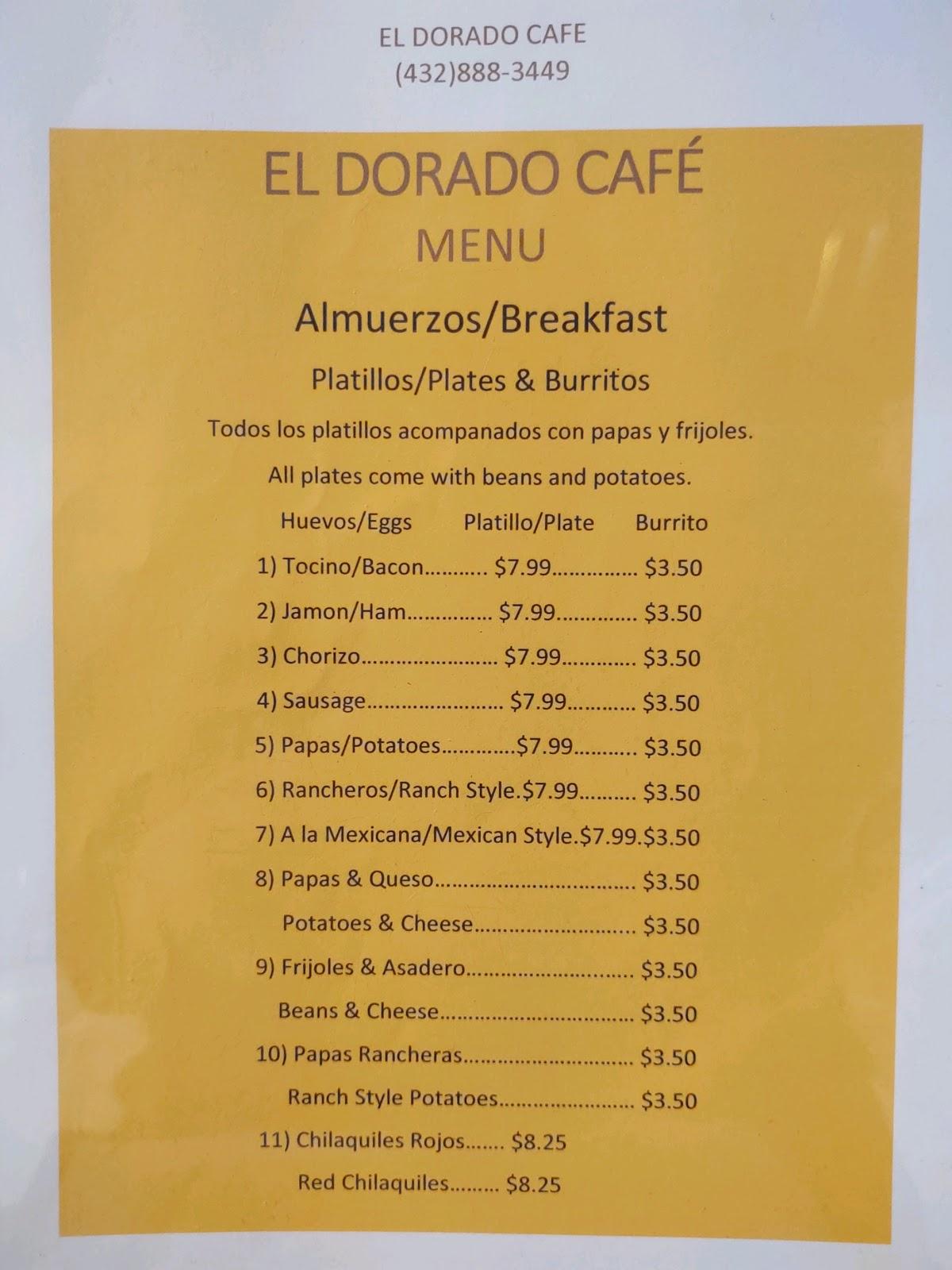 Menu at El Dorado Cafe, Odessa