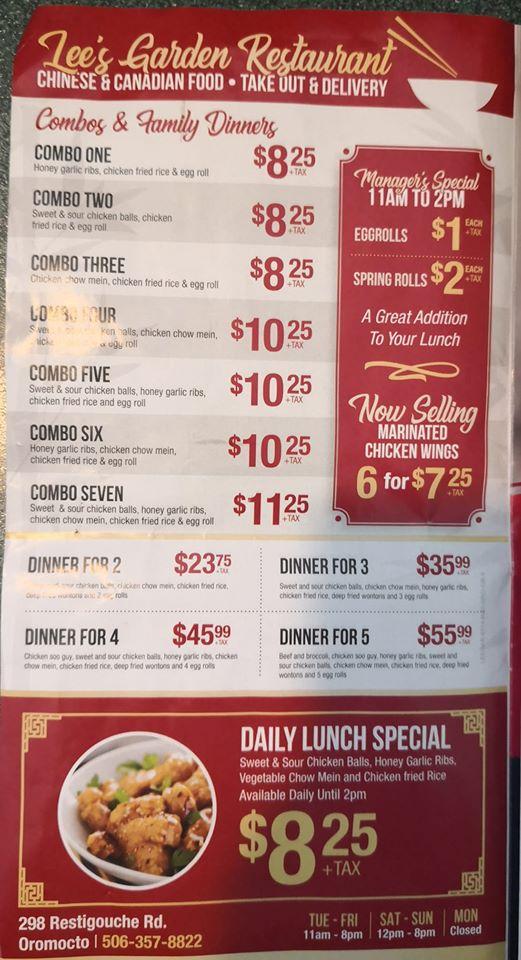 Menu at Lee's Garden restaurant, Oromocto
