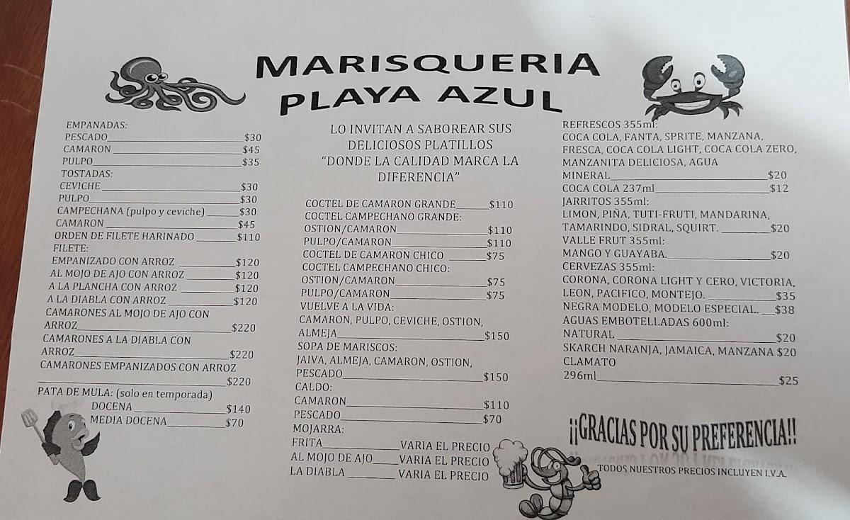 Carta del restaurante Mariscos Playa Azul, Toluca del Lerdo