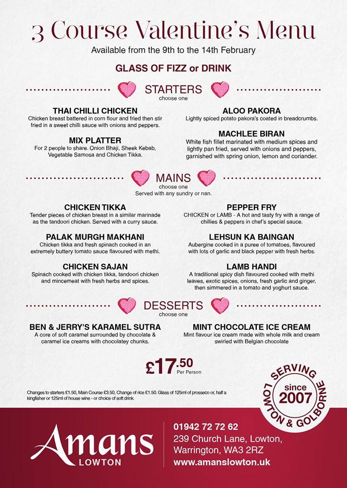 Menu at Amans Lowton restaurant, Warrington