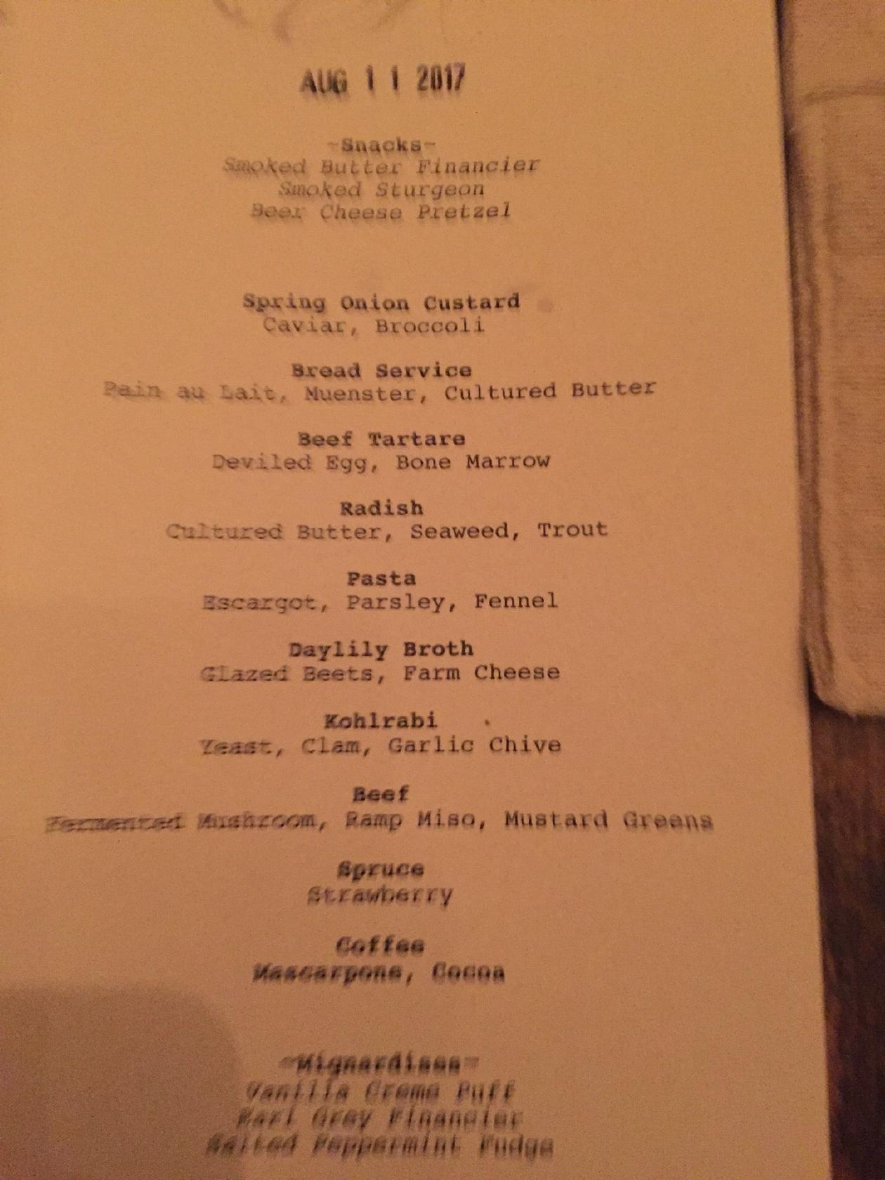 Menu at Ardent restaurant, Milwaukee