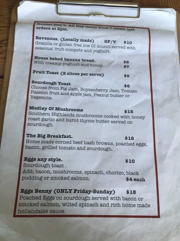 Menu at Honest Dons cafe, Thirroul