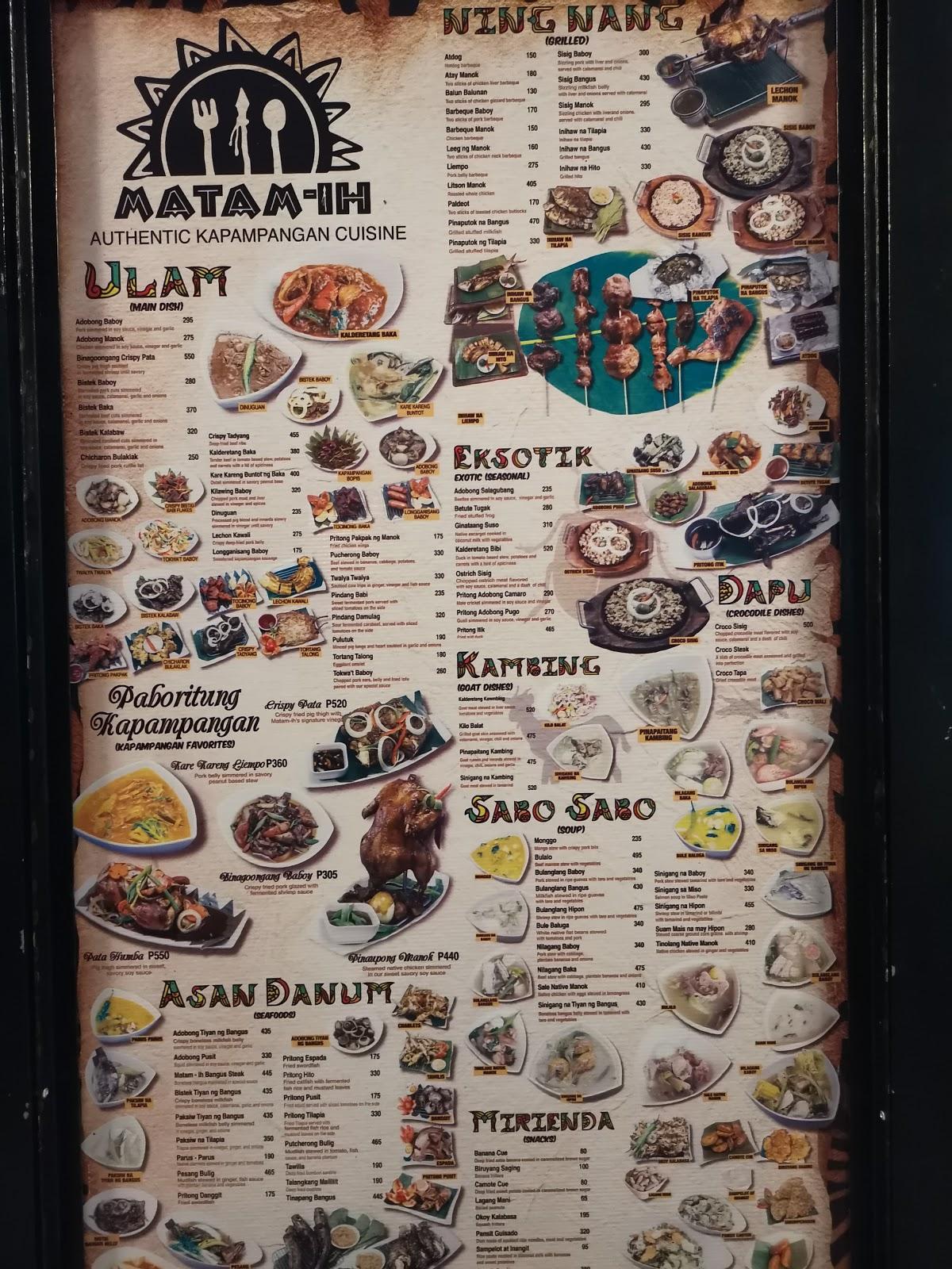 Menu at Matam-ih restaurant, Angeles