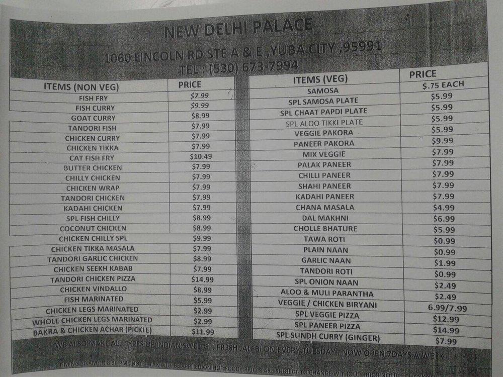 Menu at New Delhi Palace restaurant, Yuba City