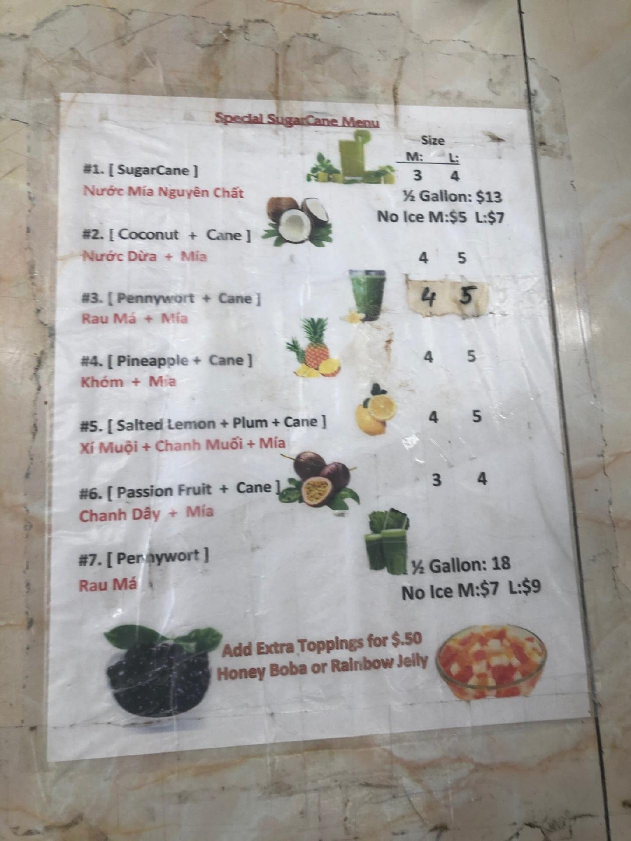 Menu at Nuoc Mia Vien Dong pub & bar, Garden Grove, Brookhurst St