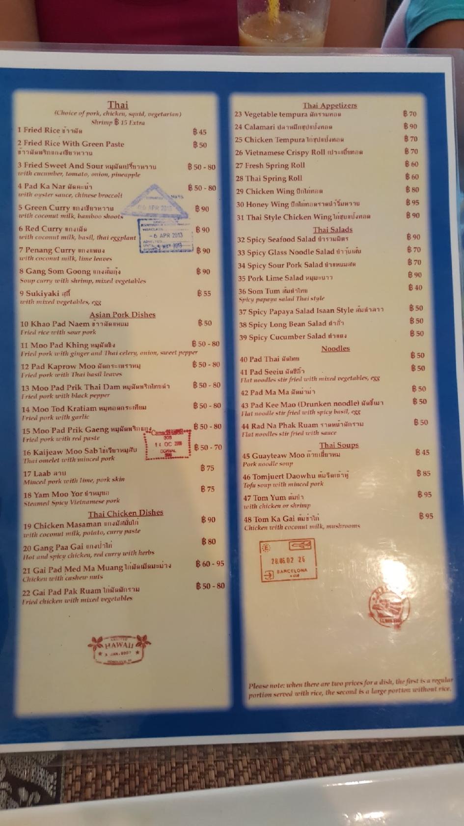 Menu at Passport Cafe, Hua Hin