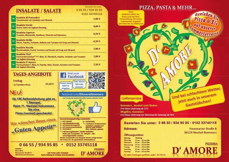 Speisekarte von Pizzeria D'Amore, Neuhof