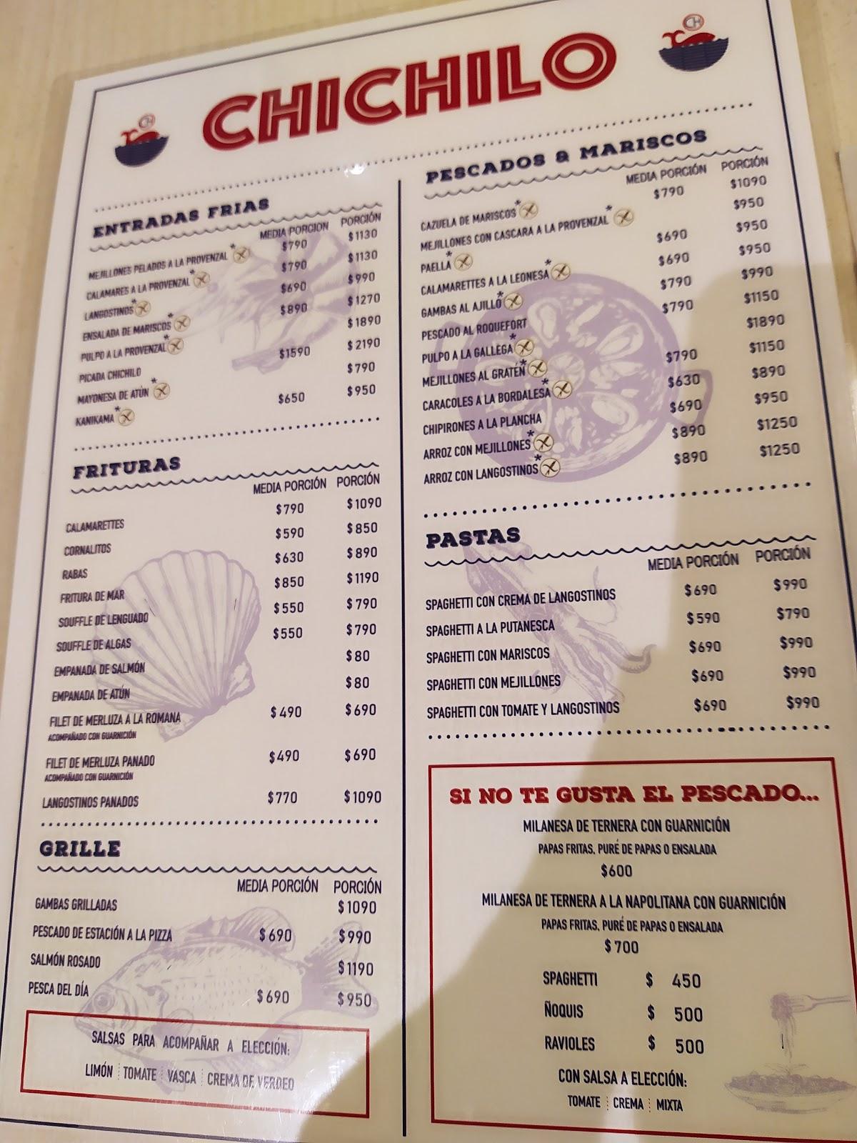 Menu at Restaurant Chichilo, Mar del Plata, Av D L Trabaj 1