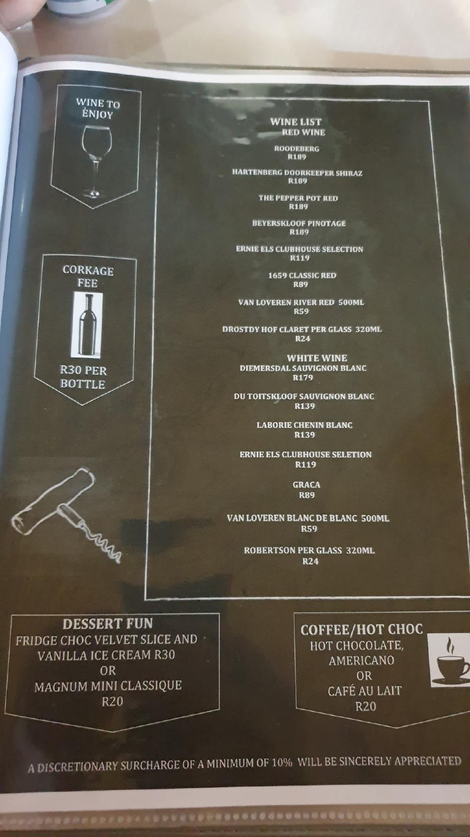 Menu at Rendezvous restaurant, George