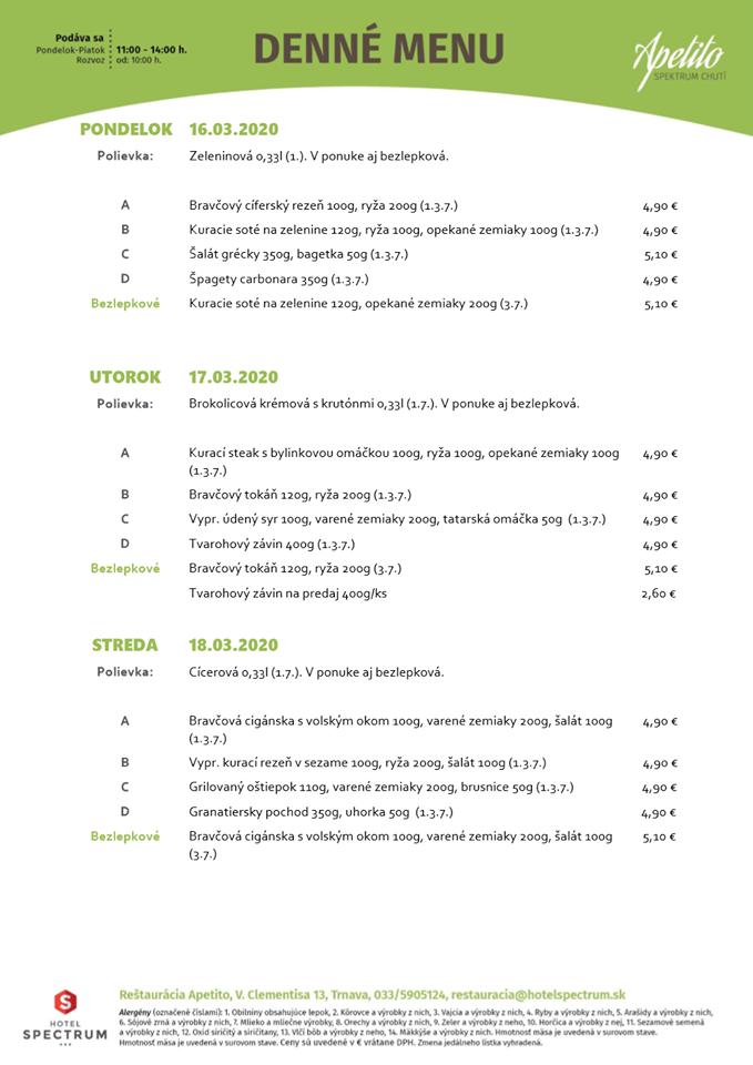 Menu at Reštaurácia Apetito restaurant, Trnava